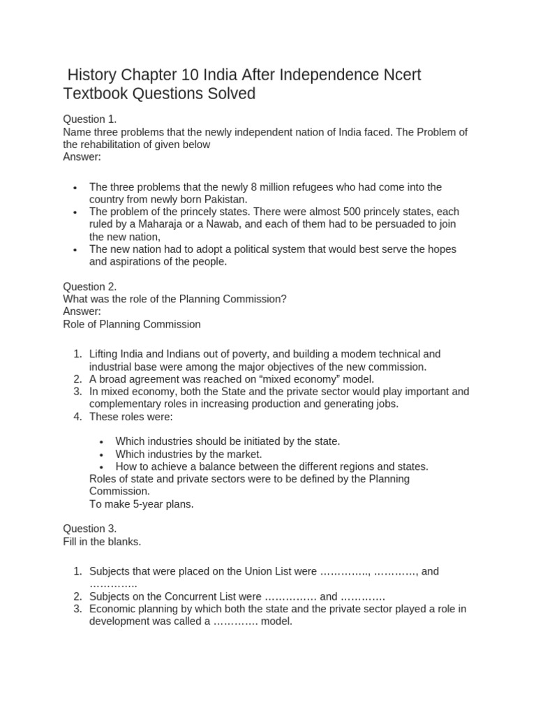 History Chapter 12 India After Independence Ncert Textbook Questions ...