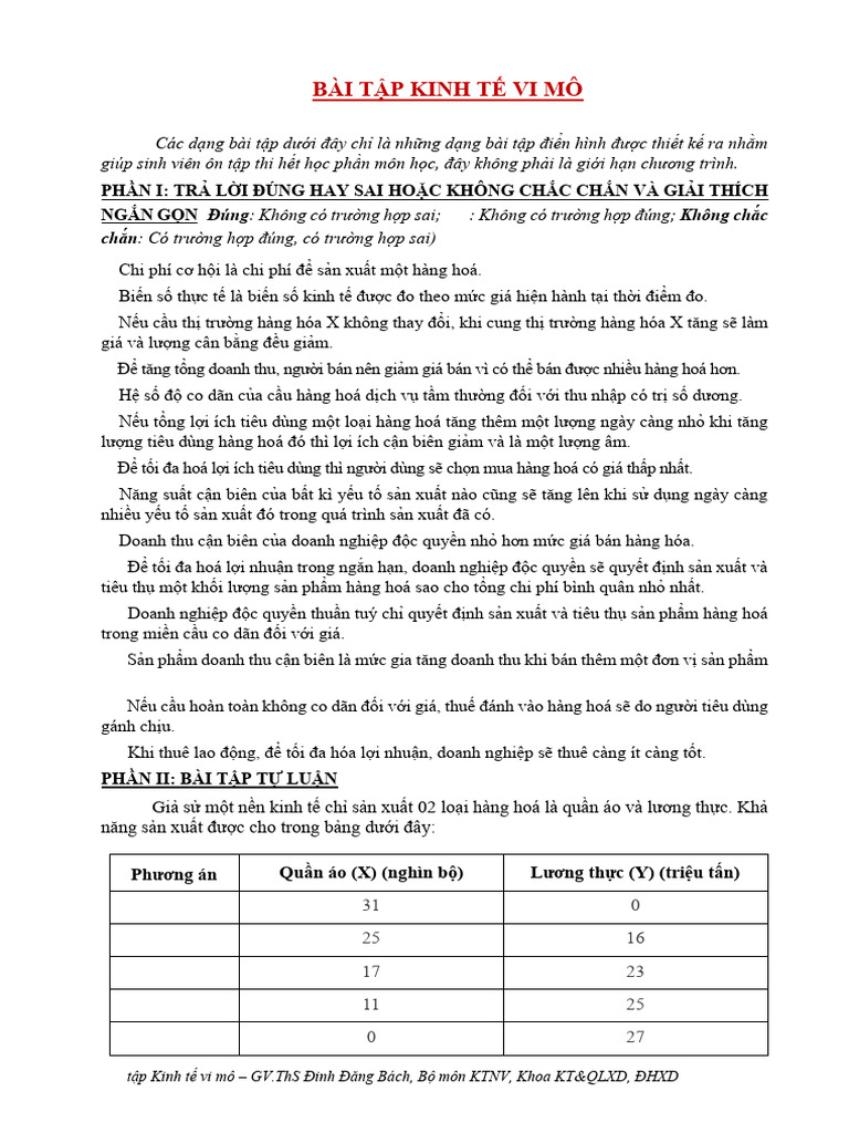 Bài tập Kinh tế Vi mô K66 Thầy Bách | PDF