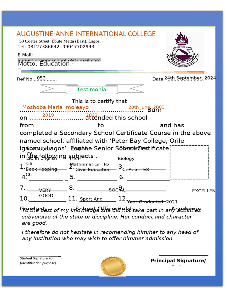 Secondary School Testimonial Certificate | PDF | Educational Stages ...