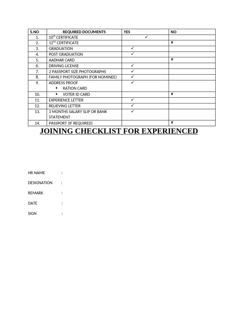 Joining Checklist For Experienced | PDF
