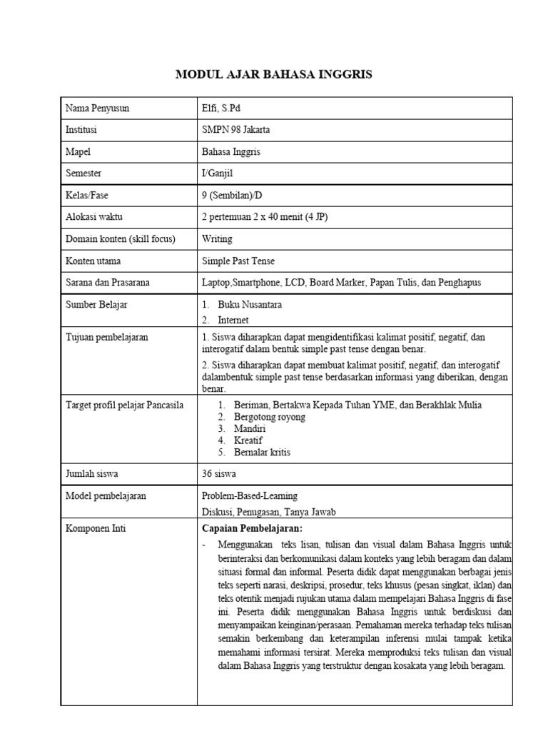 Simple Past Tense Modul Ajar | PDF