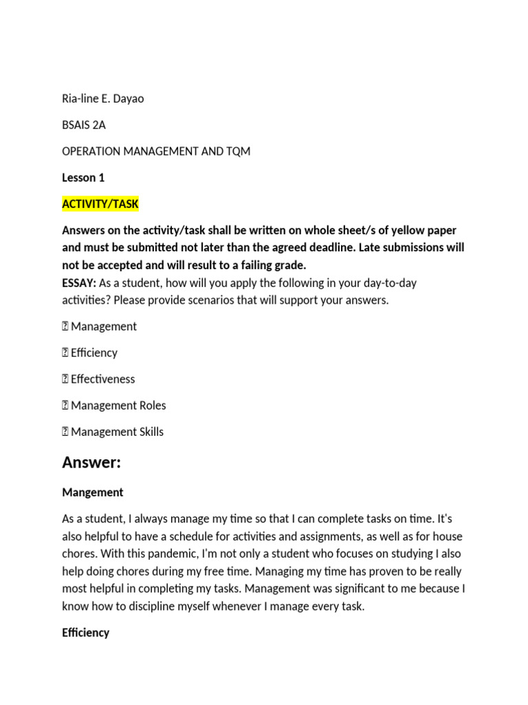 Ria-Line TQM Lesson 1 Activities | PDF | Efficiency | Knowledge