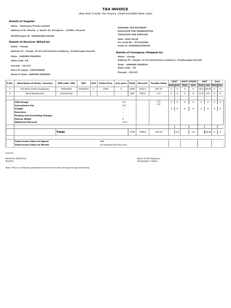 Invoice for Vanaja's Purchase | PDF | Invoice | Payments