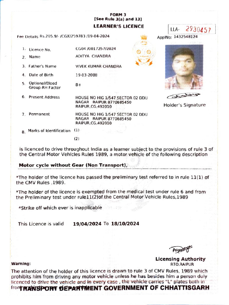 Chhattisgarh Learner's Licence Details | PDF