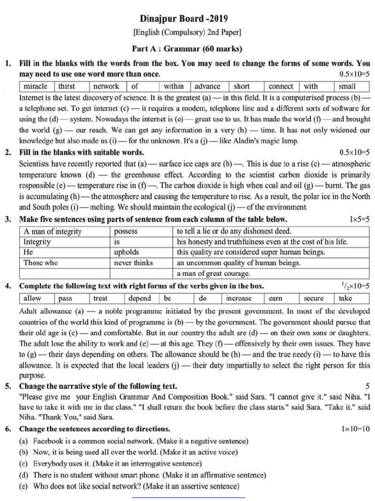 SSC English 2nd Paper Question 2019 Dinajpur Board | PDF | Teaching ...