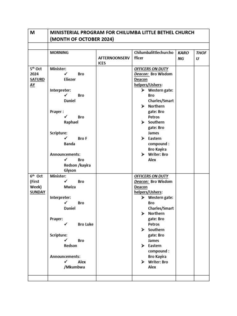 Ministerial Program For October 2024 | PDF | Church Organization | Ecclesiastical Titles