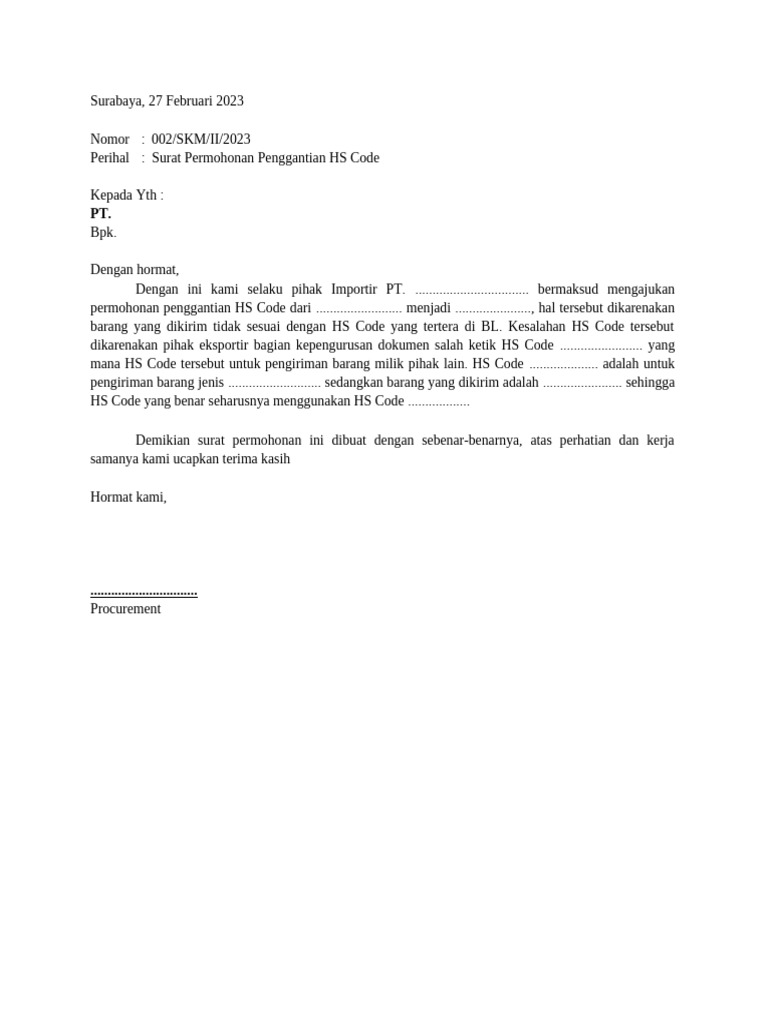 Surat Permohonan PenggantianHS Code | PDF | Hukum