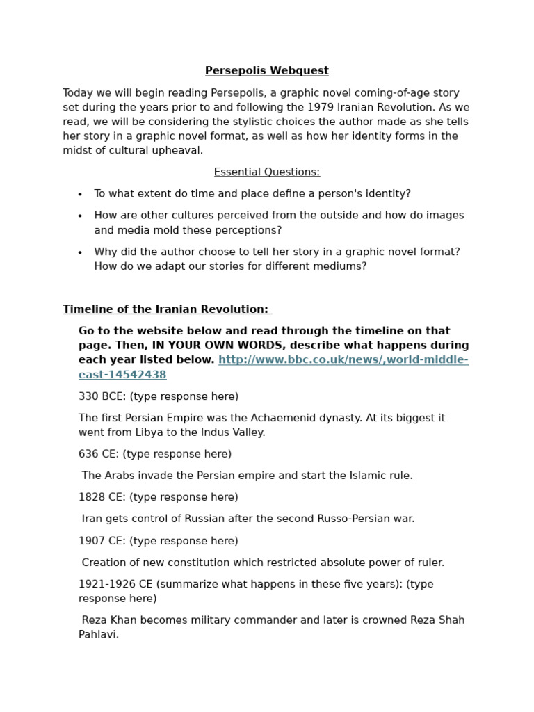 Persepolis Webquest 24-25 | PDF | Iranian Revolution | Mohammad Reza ...