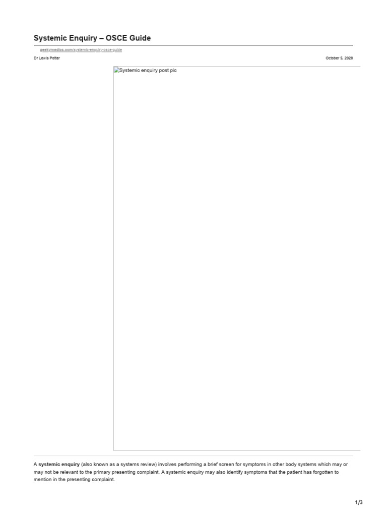 Systemic Enquiry OSCE Guide | PDF | Urinary Incontinence | Headache