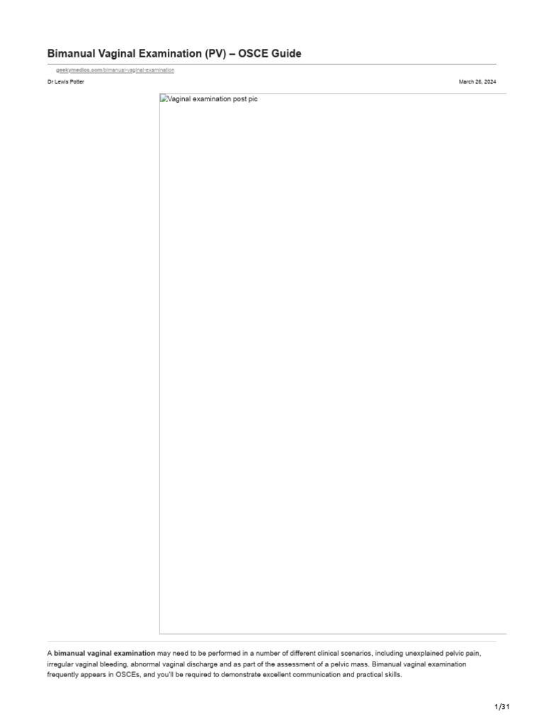 Bimanual Vaginal Examination PV OSCE Guide | PDF | Vagina | Uterus