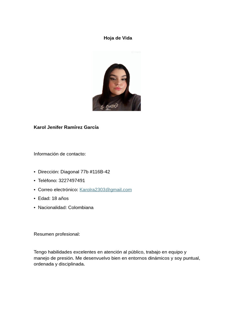 Hoja de Vida Karol | PDF