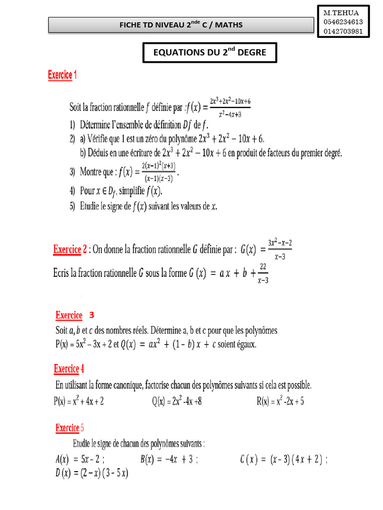 FICHE TD MATHS 2nde C Equations de Second Degré | PDF