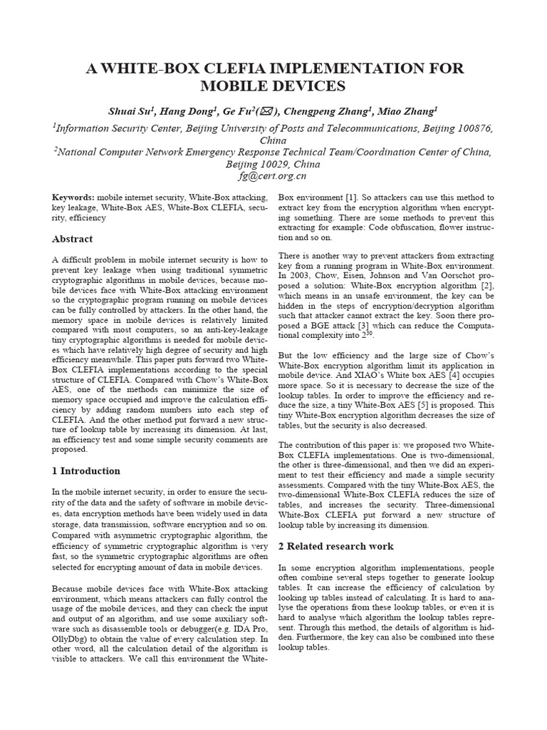 A White-Box CLEFIA Implementation For Mobile Devices | PDF | Encryption | Cryptography