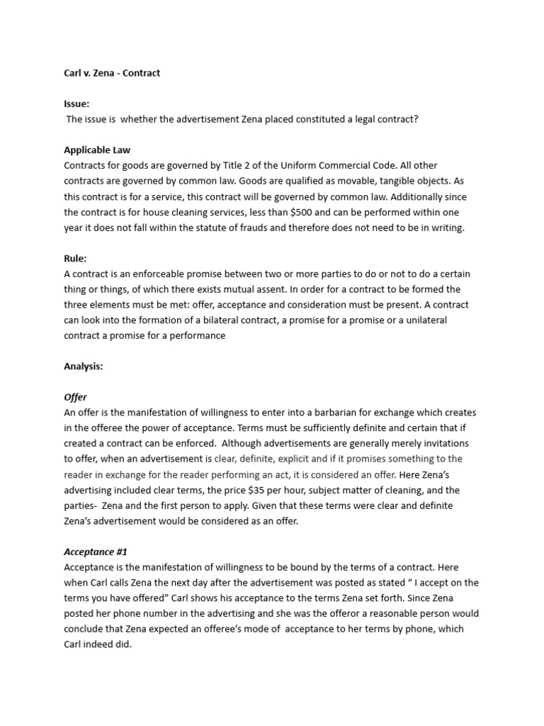 Contracts Essay Carl V Zena | PDF | Offer And Acceptance | Law Of ...