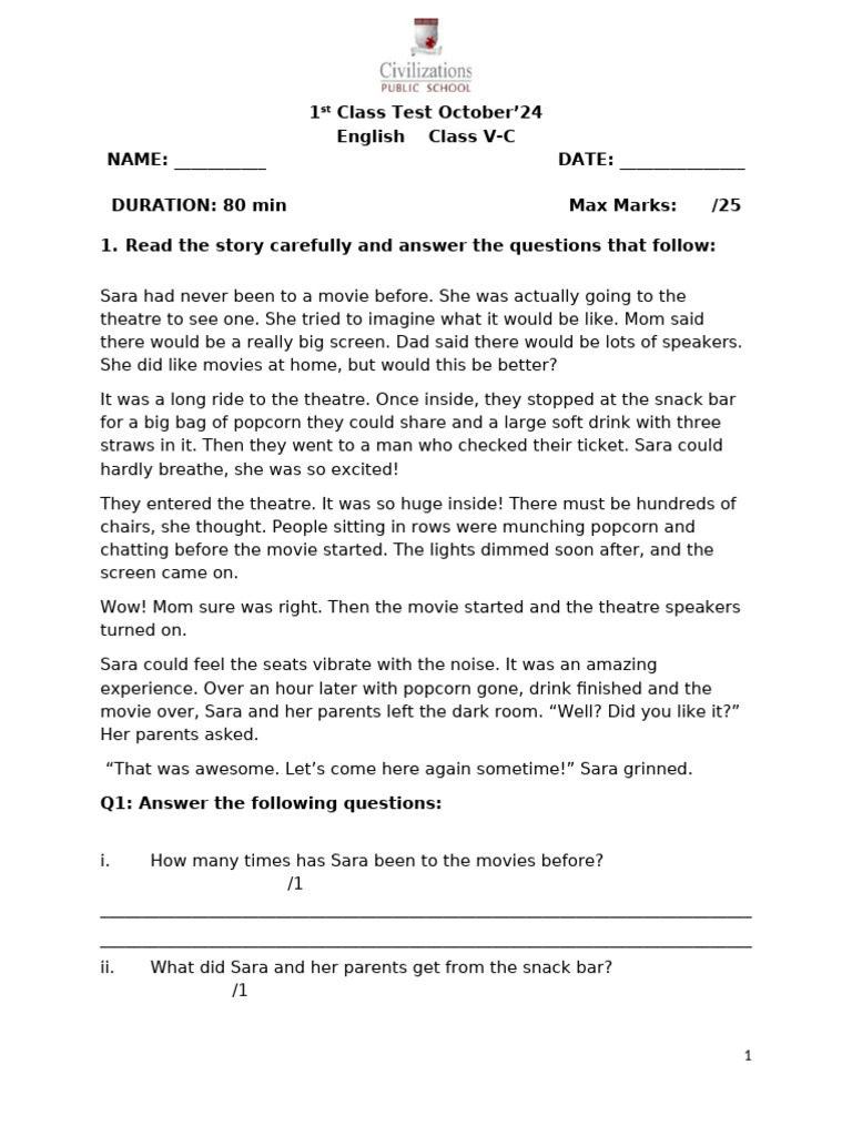 1st Class Test OCT Grade V Camb | PDF