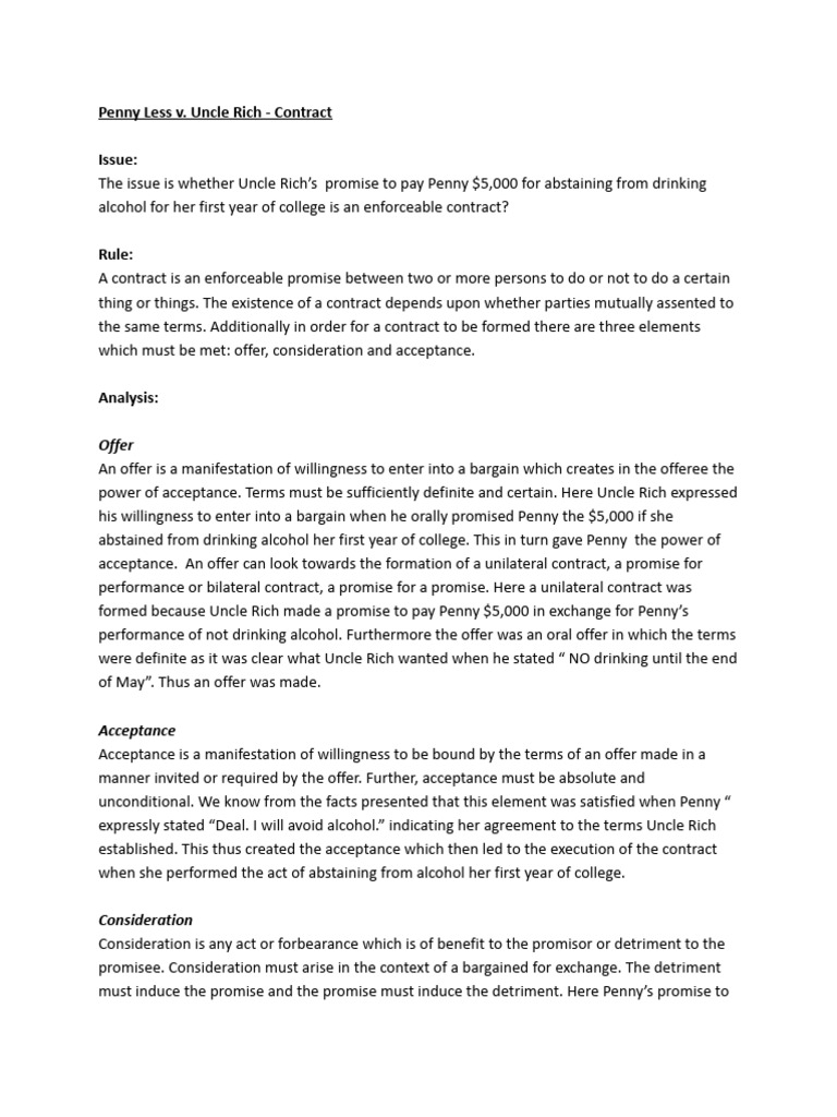 Penny Less v. Uncle Rich - Contract | PDF | Consideration | Contract Law