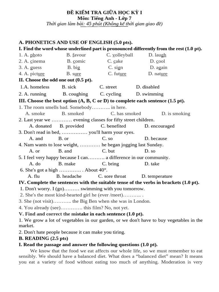 Đề KT gk HK 1 lớp 7 21-22 | PDF | Language Arts & Discipline