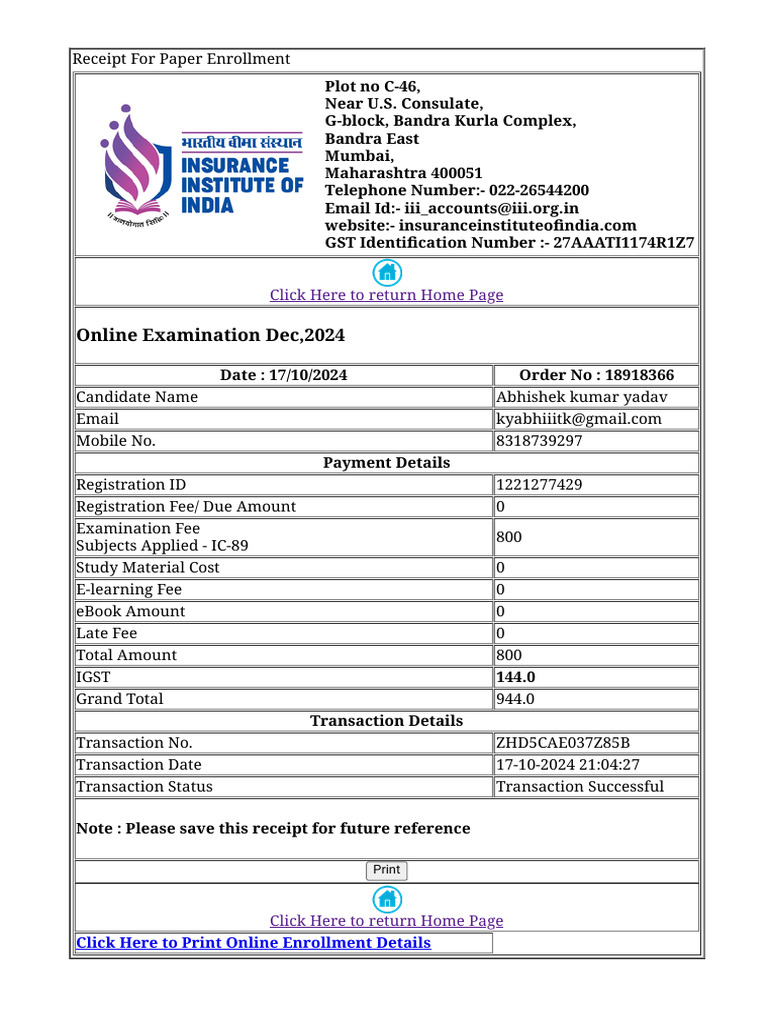 Online Enrollment Receipt for IC-89 Exam | PDF
