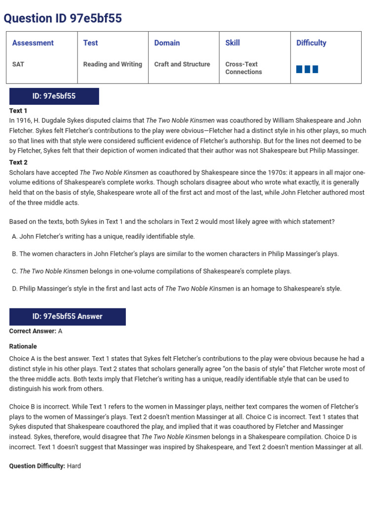 SAT Suite Question Bank - Craft and Structure ( Cross Text Connections ...
