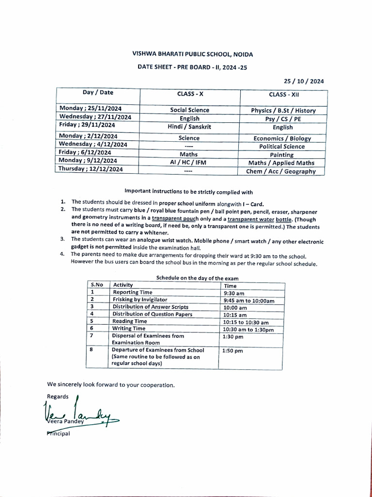 Date Sheet Pre Board II, 2024-25 (1) VBPS | PDF