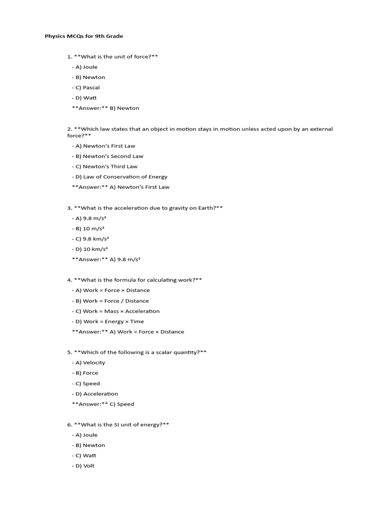 33 Physics McQs 9th Grade | PDF | Force | Momentum