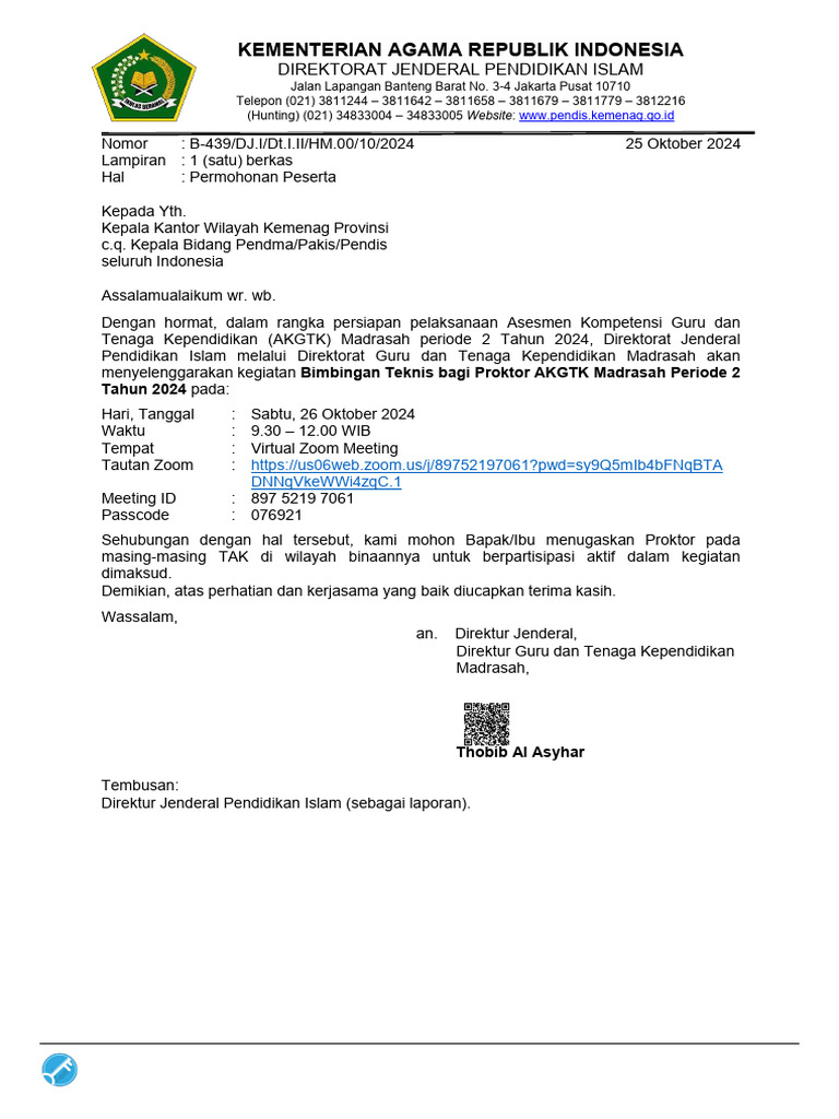 Undangan Bimtek Proktor AKGTK Madrasah Periode II Tahun 2024 - Tte | PDF