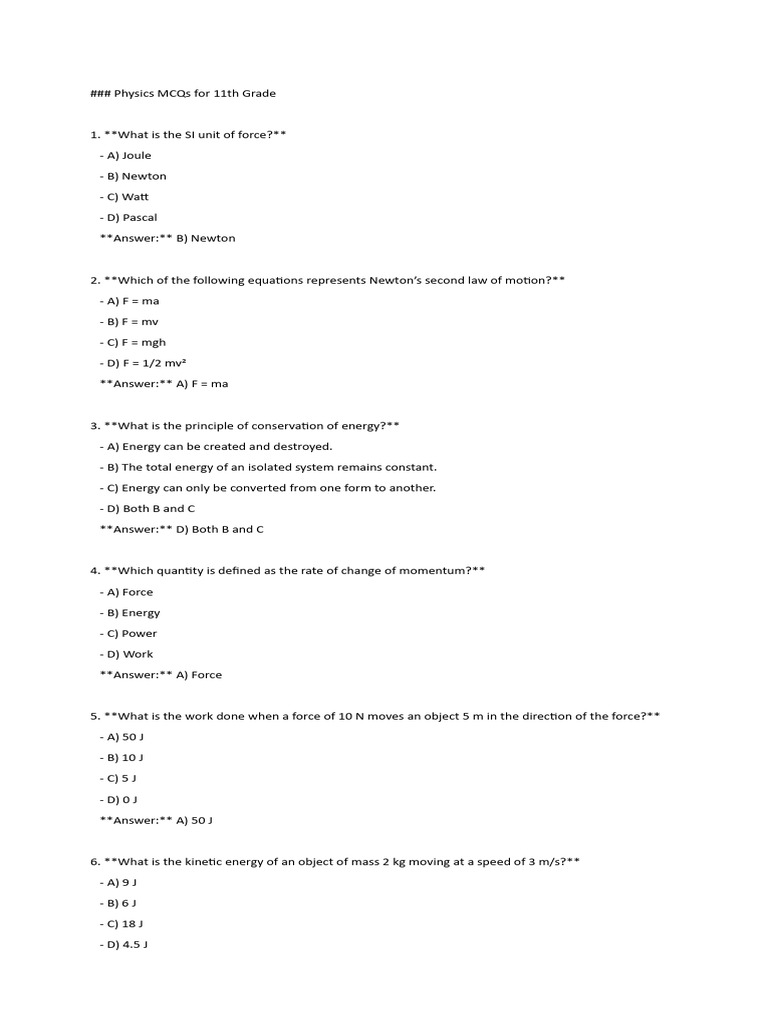 Physics MCQs for 11th Grade | PDF | Momentum | Waves