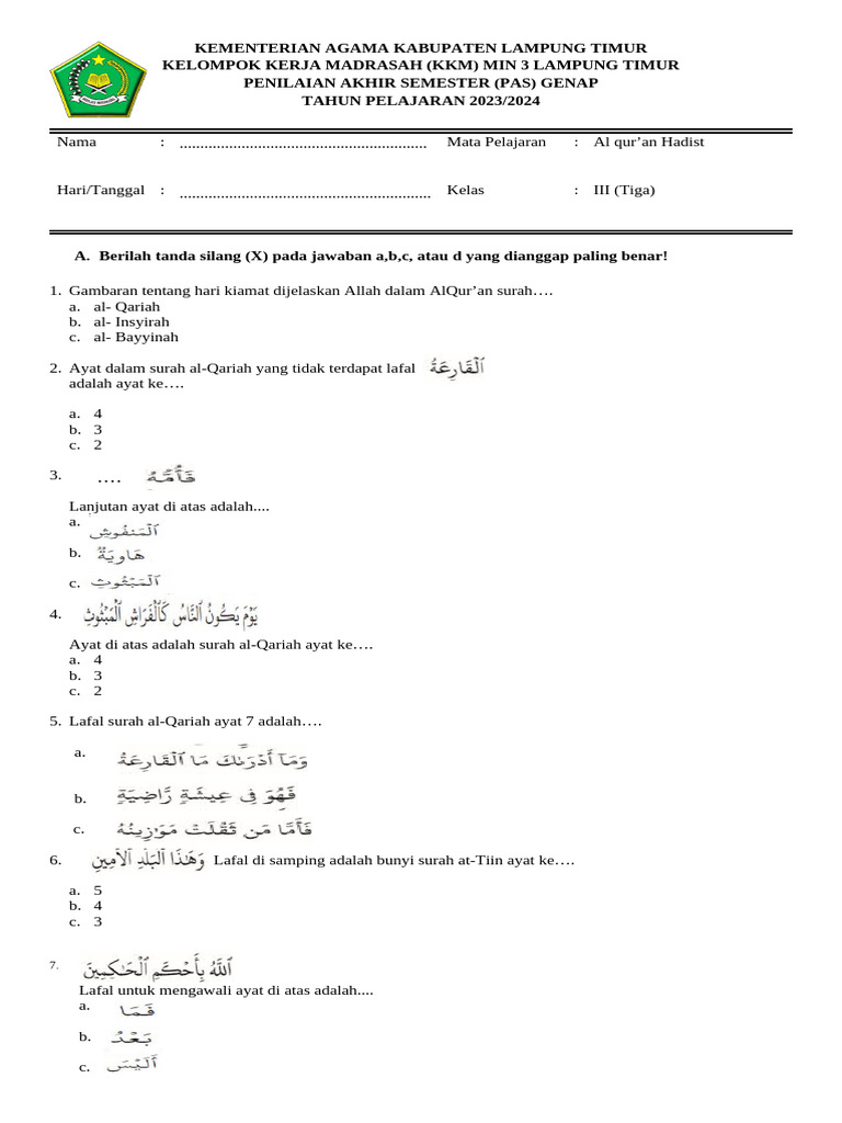 Format Soal Alquran Hadist Kelas 3 | PDF