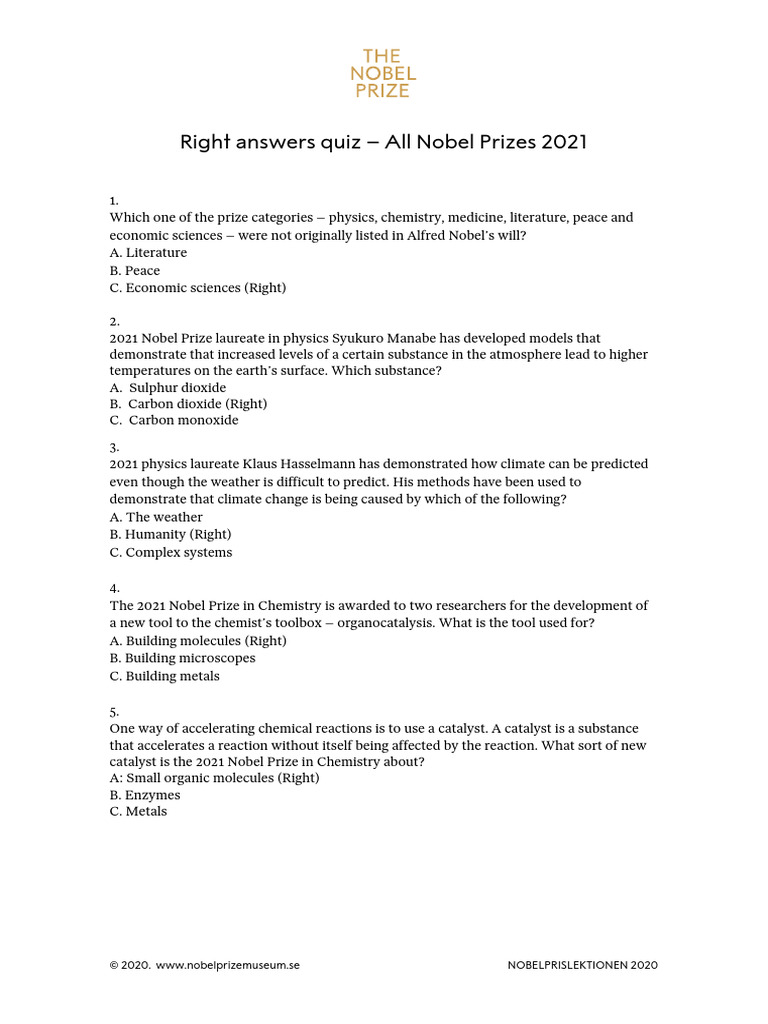 2021 Nobel Prize Quiz Answers | PDF | Catalysis | Nobel Prize