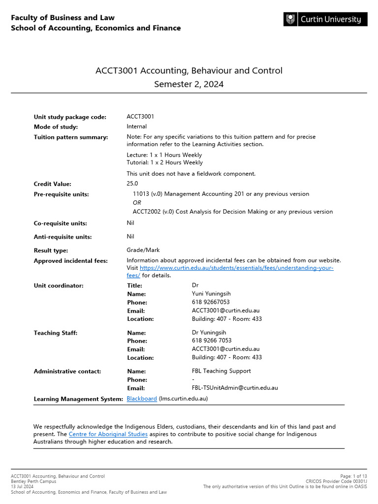ACCT3001 Accounting, Behaviour and Control Semester 2 2024 Bentley ...