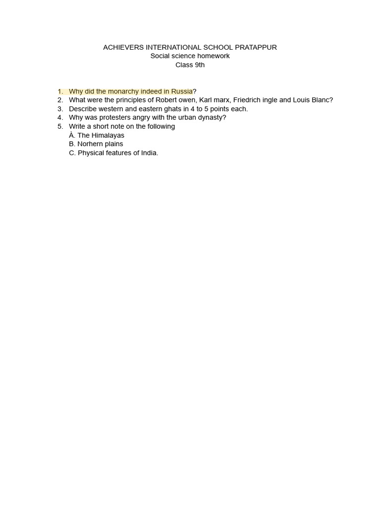 Social Science Homework for Class 9 | PDF | History