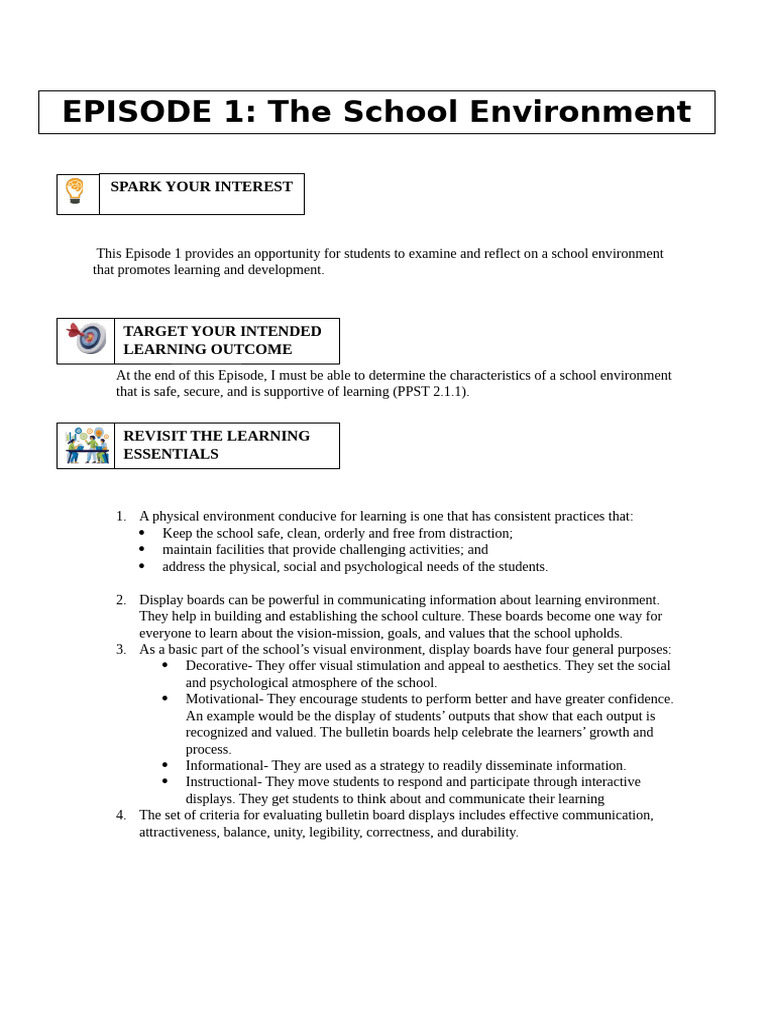 EPISODE 1: The School Environment: Spark Your Interest | PDF | Classroom | Learning