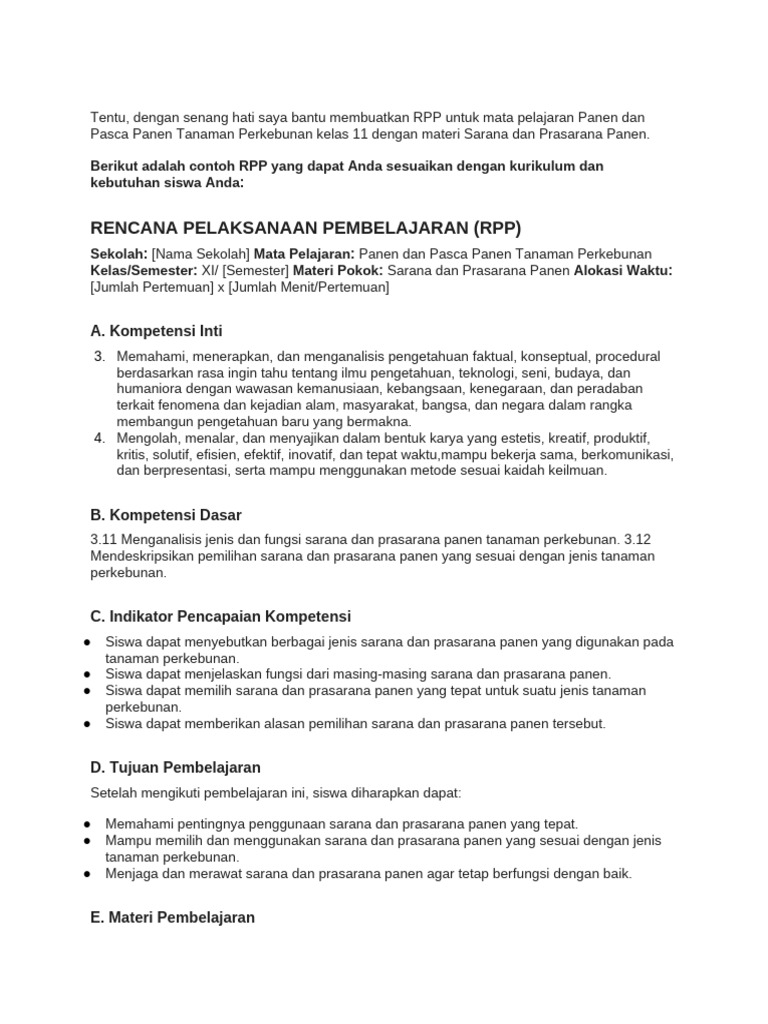 Buatkan Saya RPP SMK Kelas 11 Mapel Panen Dan Pas... | PDF