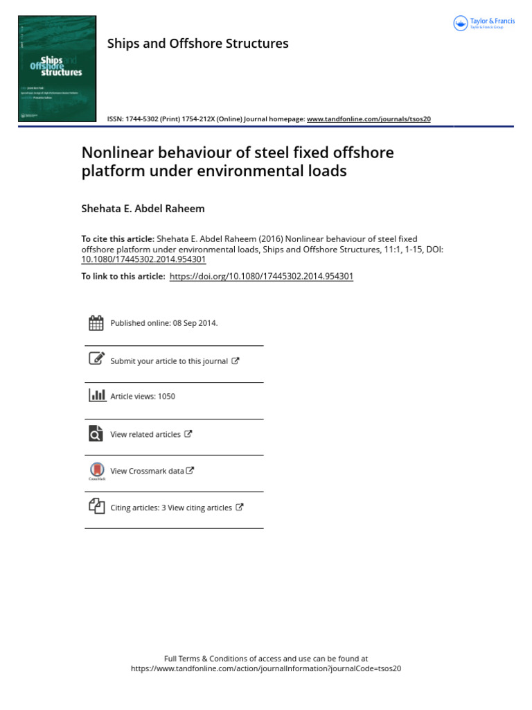 Nonlinear Behaviour Of Steel Fixed Offshore Platform Under Environmental Loads Pdf Force Waves