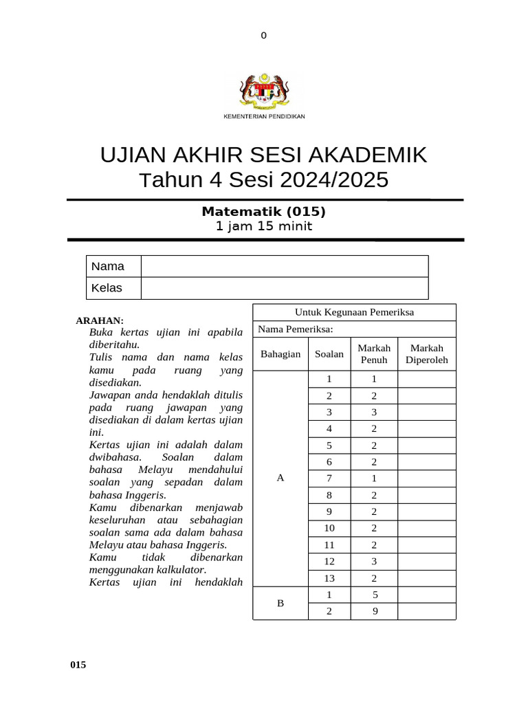 Format Uasa Math Tahun 4 2024-25 | PDF | Length