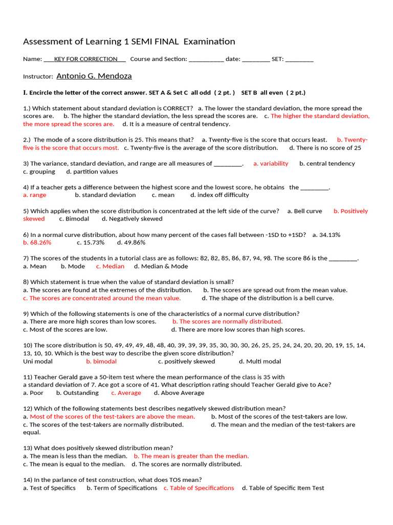 Aol1 1 Semi Final Exam. Key for Correction - Copy | PDF | Statistics ...