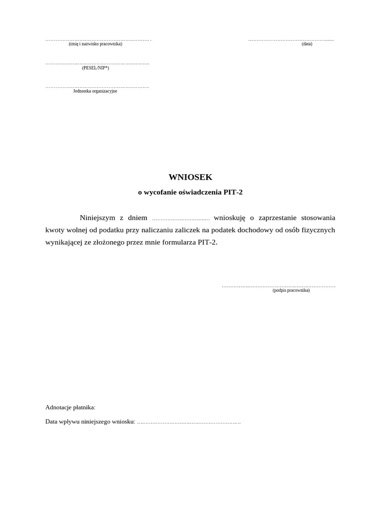 Załącznik 32 Wniosek o Wycofanie PIT-2 | PDF