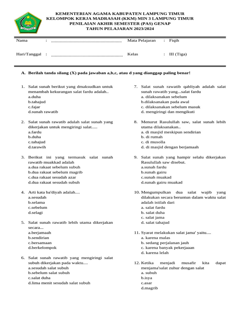 Format Soal Fiqih Kelas 3 | PDF