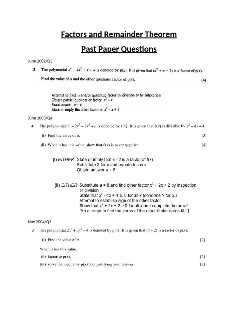 Factors and Remainder Theorem-PPQ | PDF
