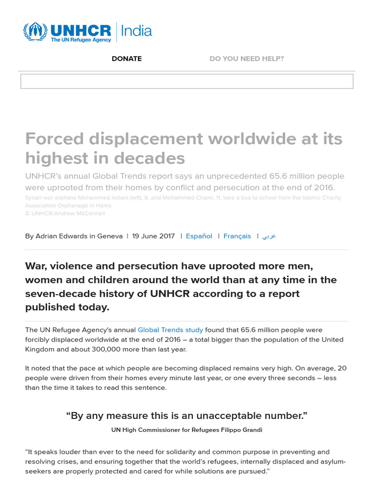UNHCR Forced Displacement Worldwide at Its Highest in Decades | PDF ...