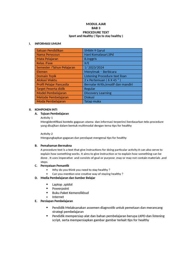 MODUL AJAR 7 Procedure Teks Listening Speaking | PDF