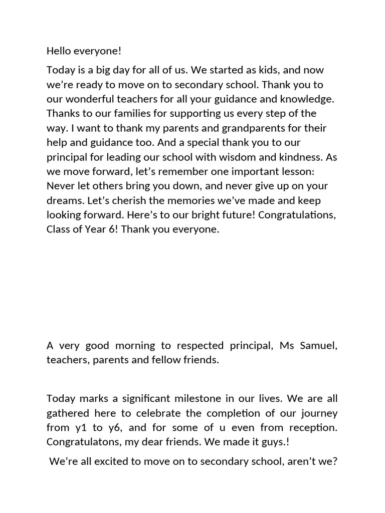 Graduation Speech Year 6 | PDF