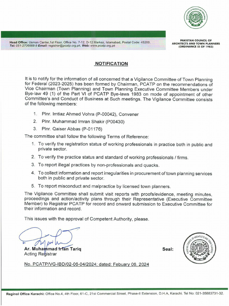 Vigilance Committee of Town Planning For Federal 2023-2025 | PDF