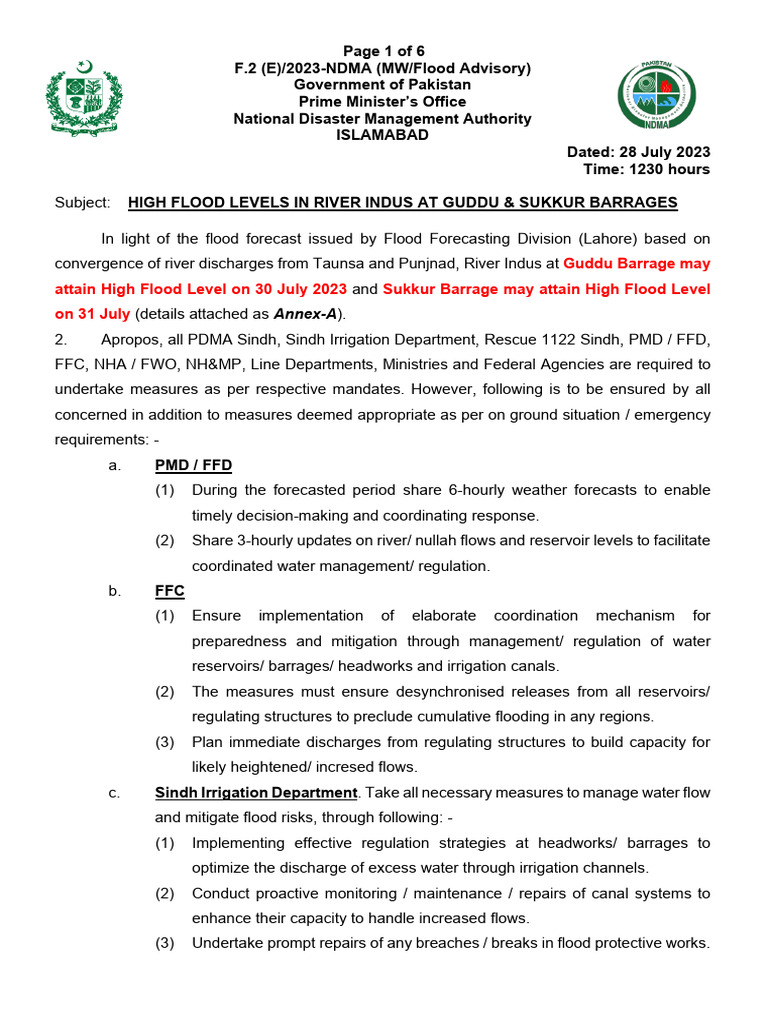 High Flood Alert for River Indus 2023 | PDF | Flood | Islamabad
