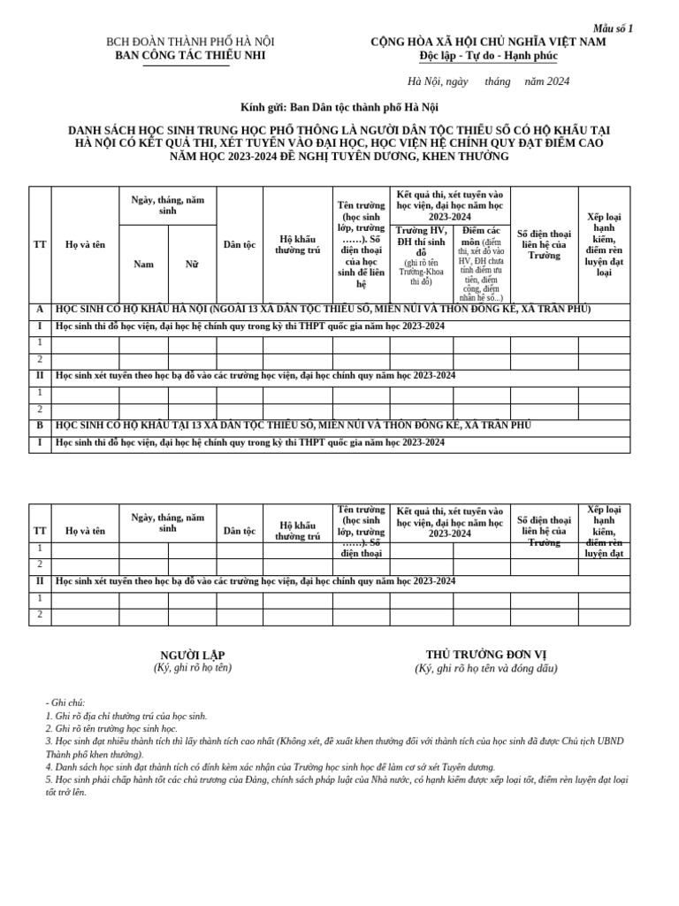 Mẫu Danh Sách HSSV DTTS Đề Nghị Tuyên Dương 2023-2024 | PDF