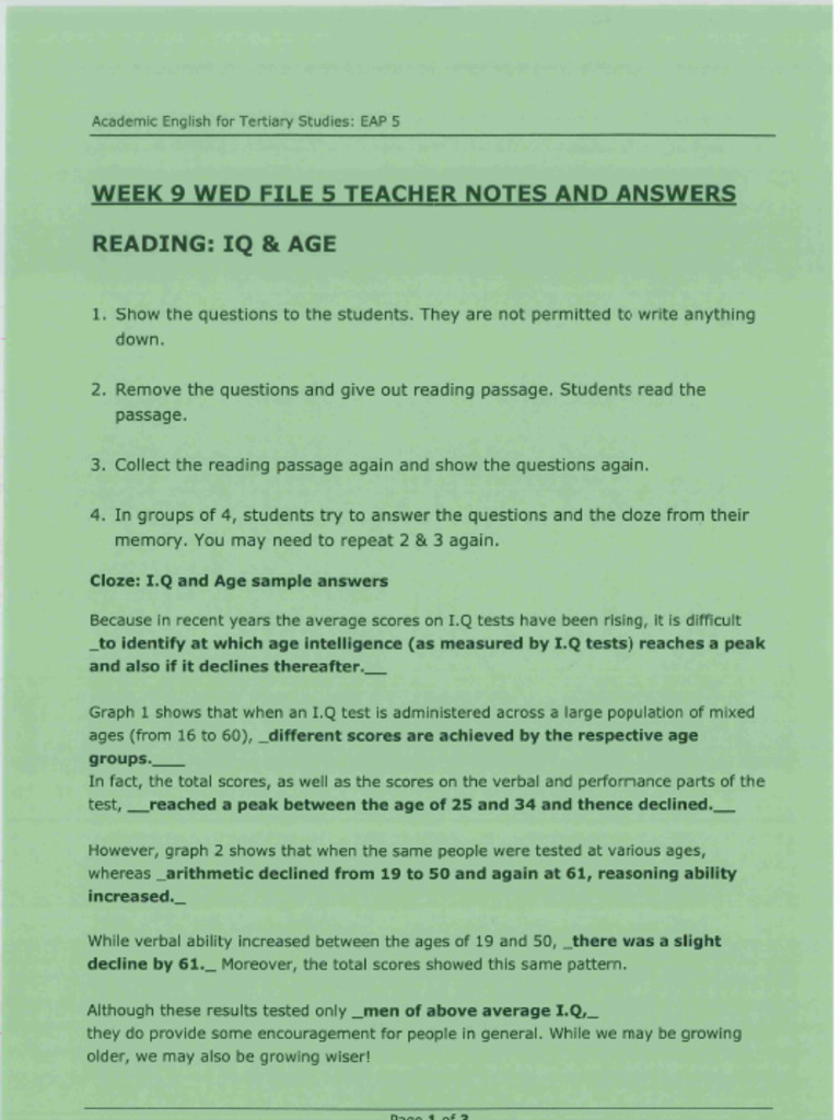 EAP5 Week 9 Wed F5 - Reading IQ & Age - Teacher's Notes and Answers | PDF