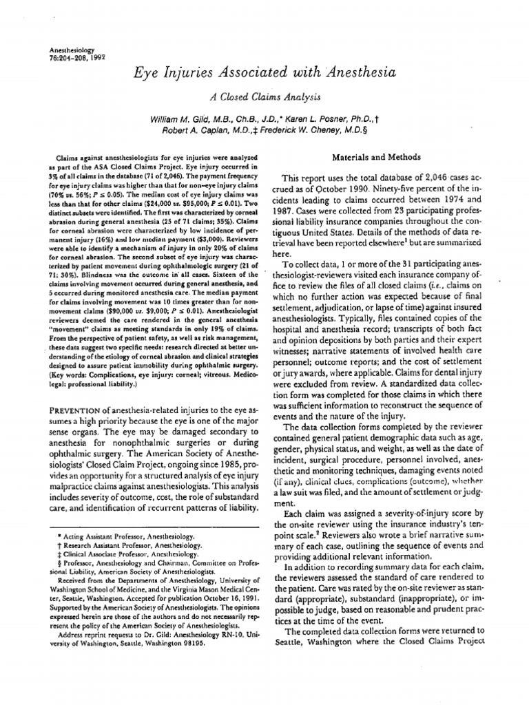 Eye Injuries Associated With Anesthesia | PDF