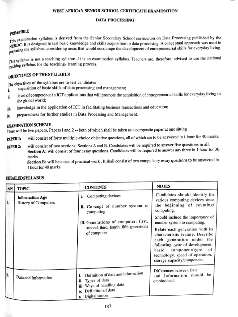 2025 Waec Data Processing Syllabus | PDF