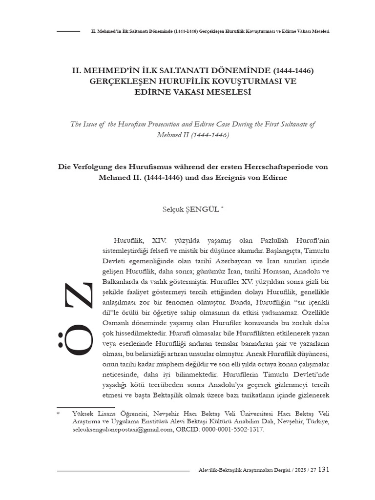 Ii. Mehmed'İn İlk Saltanati Döneminde (1444-1446) Gerçekleşen Hurufilik ...