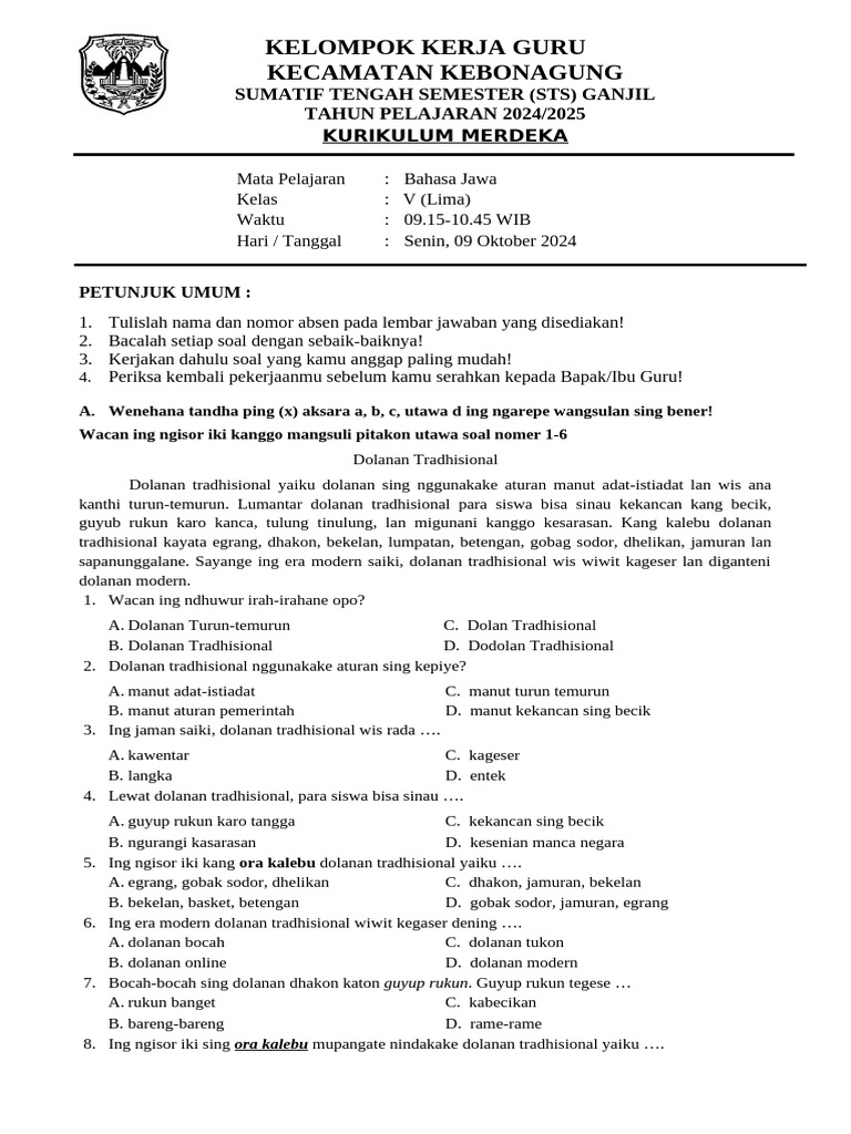 Naskah Sts Bhs Jawa SMT Ganjil Kelas 5 2024 - 2025 | PDF